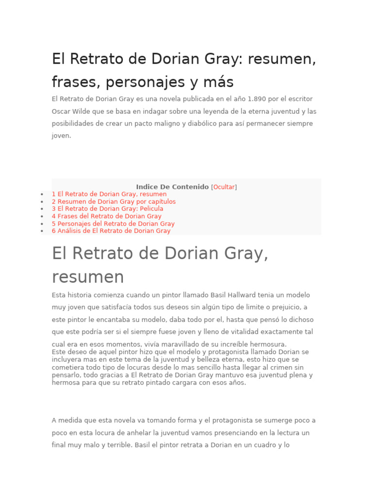 El Retrato de Dorian Gray resumen | PDF | La imagen de Dorian Gray