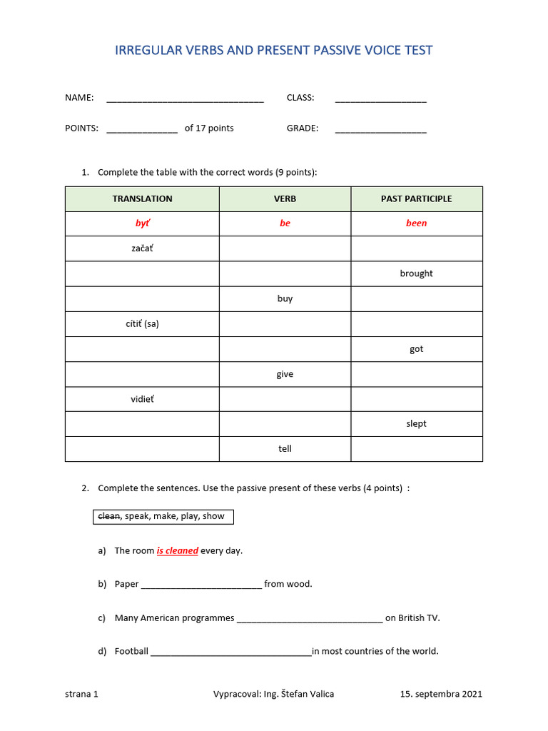 Project 4 Kapitola 5a Irregular Verbs and Present Passive Voice Test ...