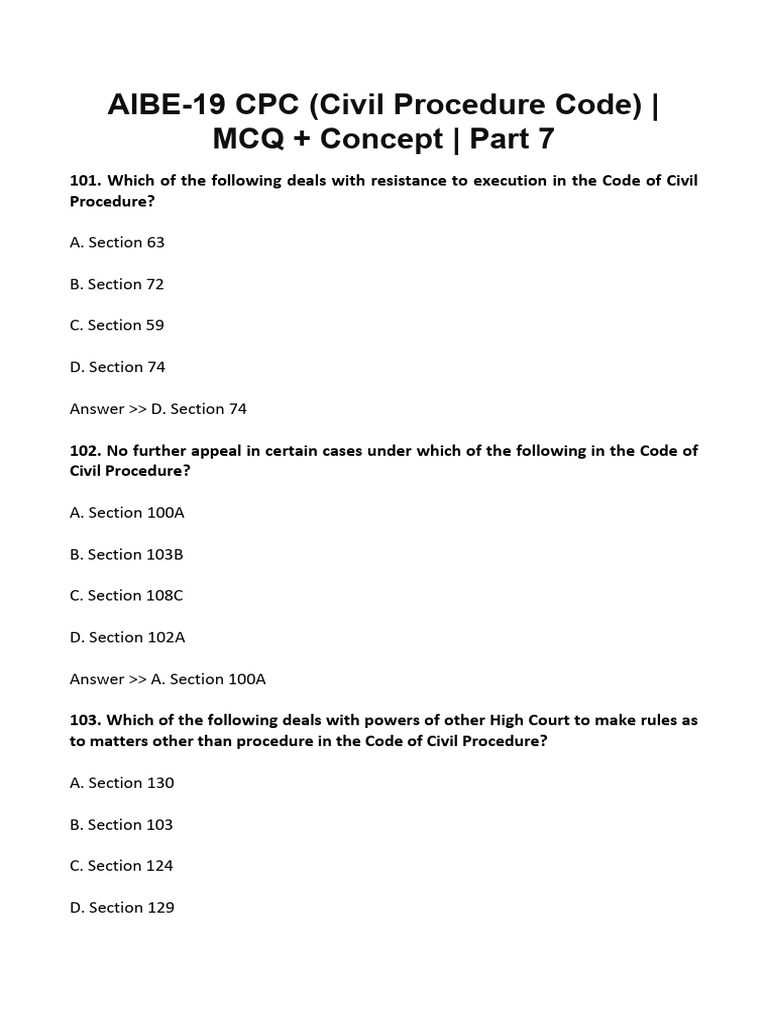 AIBE-19 CPC (Civil Procedure Code) MCQ + Concept Part 7 | PDF | Civil Law (Common Law) | Legal ...