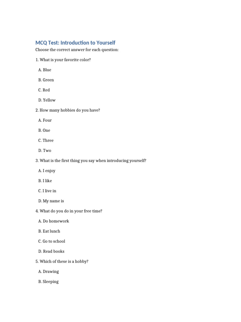 MCQ Test: Self-Introduction Quiz | PDF