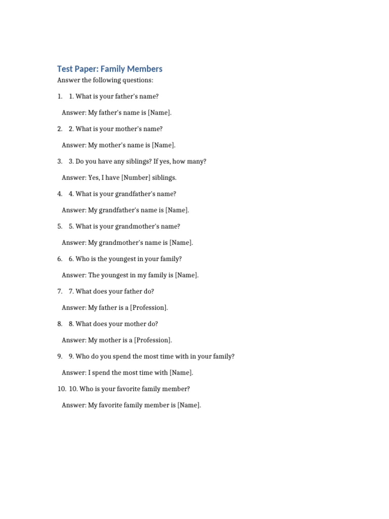 Family Members Questionnaire Template | PDF