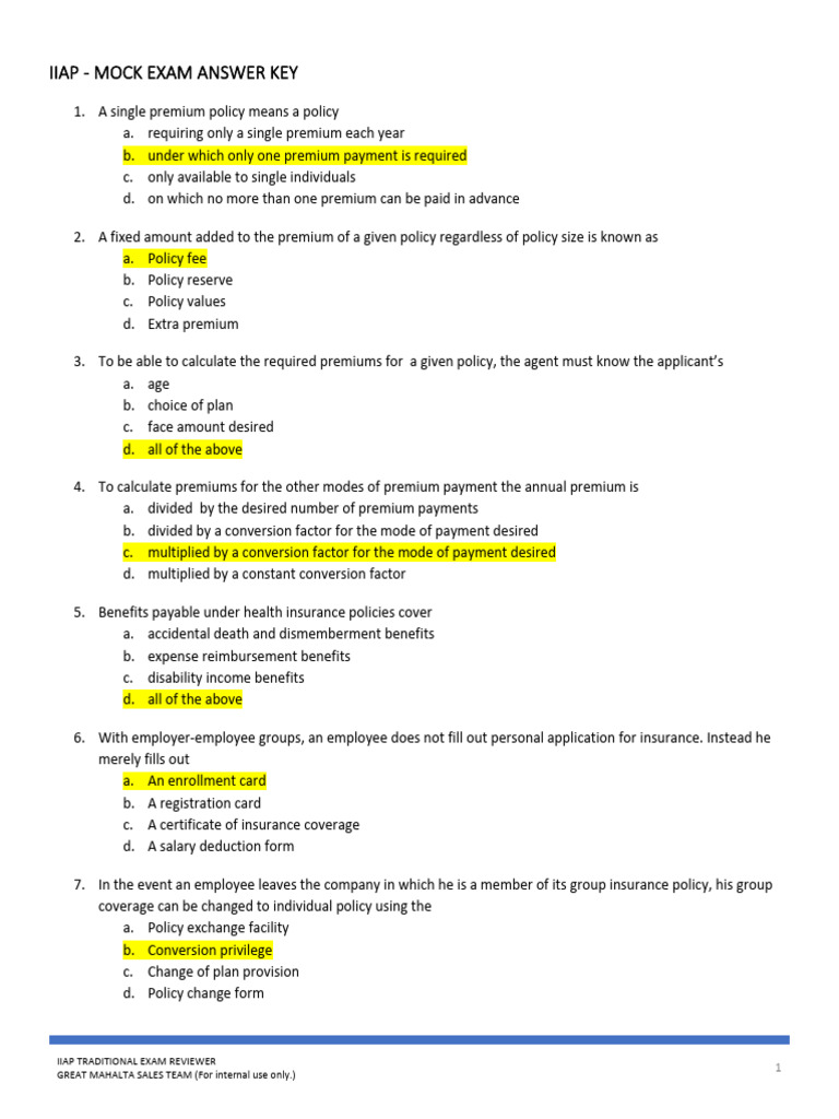 Traditional MOCK TEST Answer Key | PDF | Insurance | Life Insurance