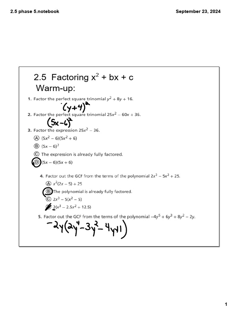 2.5 Factoring X + BX + C Warm Up:: 2.5 Phase 5.notebook September 23 ...