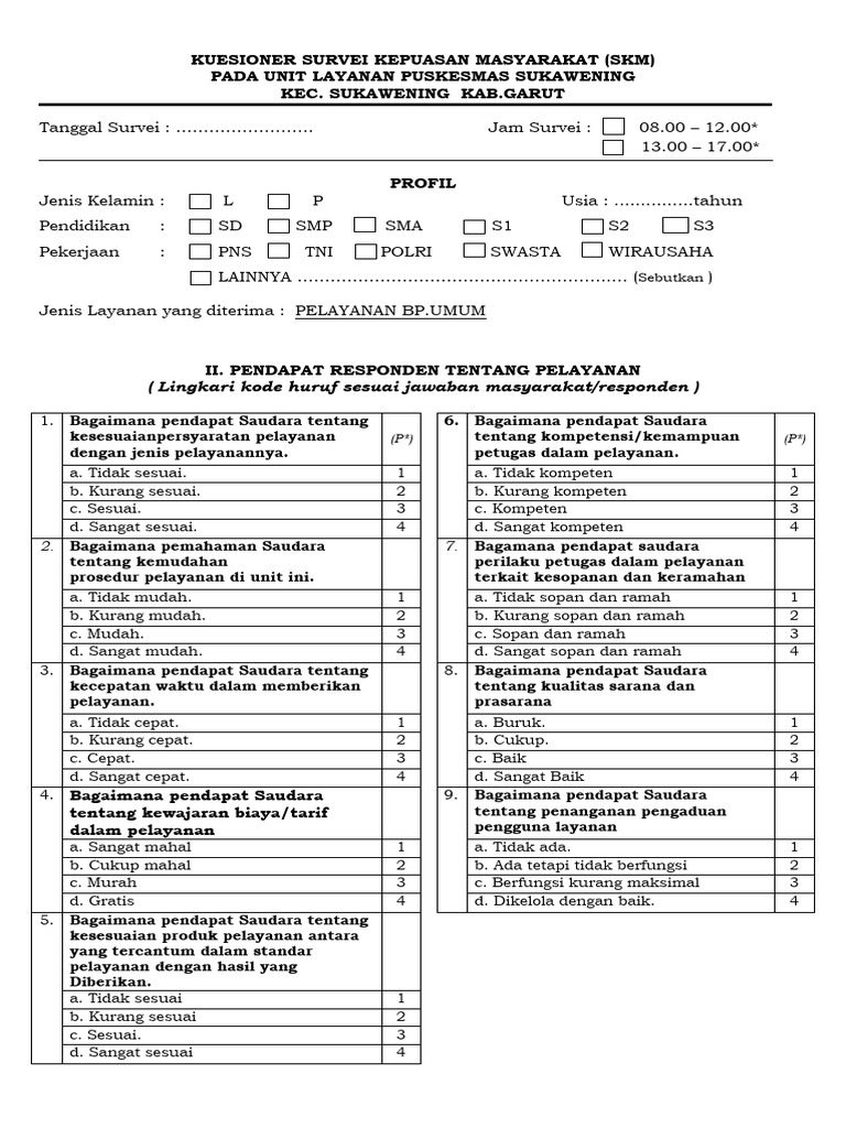 Format Kuesioner Survei Kepuasan Masyarakat-1-12 | PDF