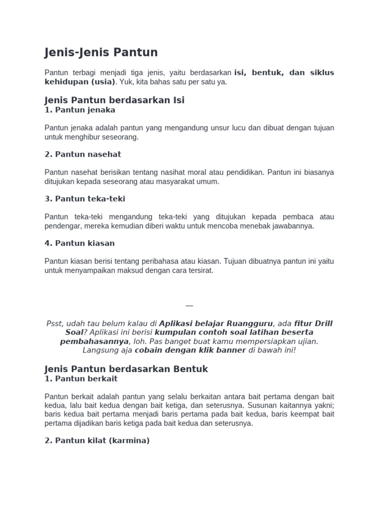 Jenis-Jenis Pantun: Isi dan Bentuk | PDF