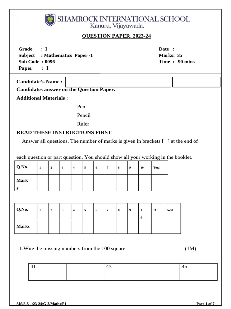 Term - 1 GR-1 Maths Question Paper-1 | PDF | Elementary Geometry ...