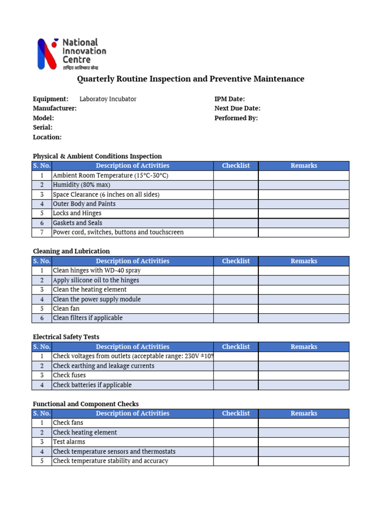 Laboratory Incubator Maintenance Checklist | PDF
