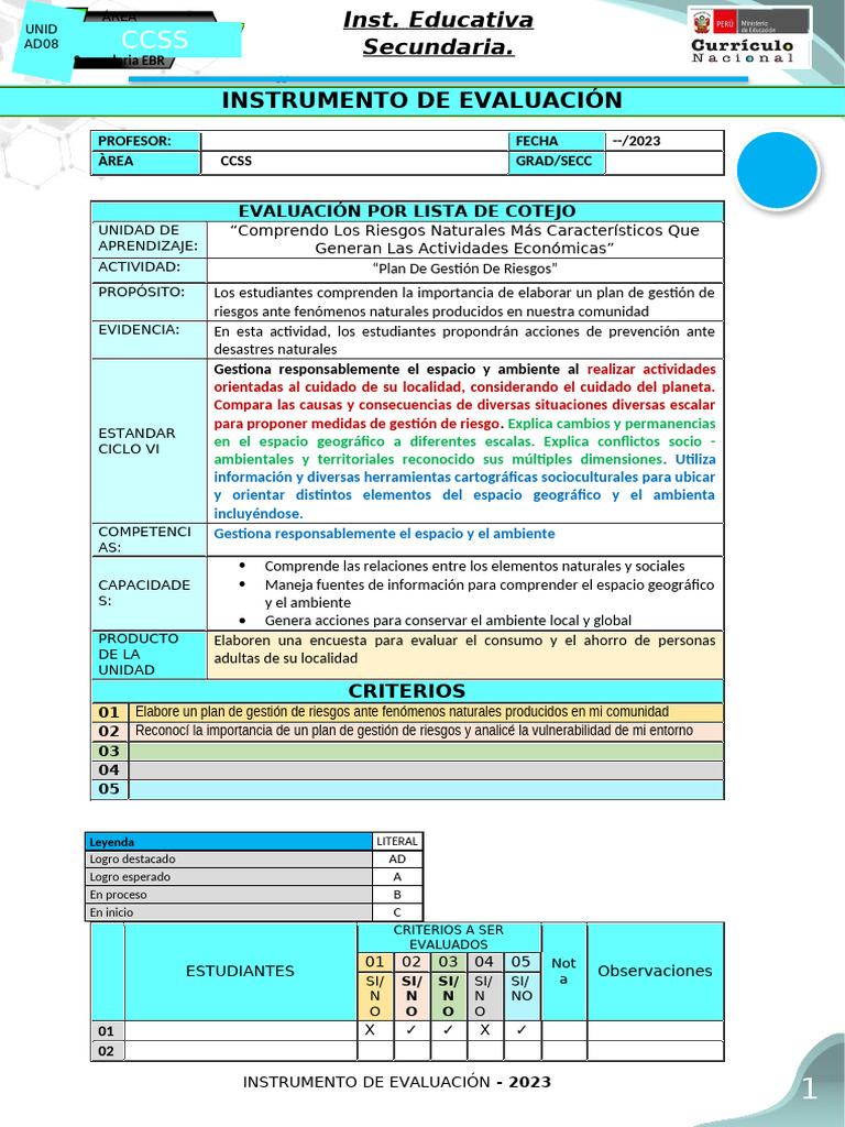 Cotejos 2° CCSS Semana 02 Uni 8 | PDF | Evaluación