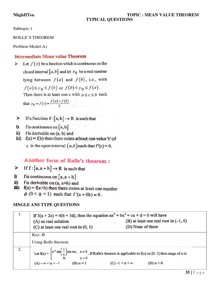01 - Mean Value Theorem - Typical | PDF | Function (Mathematics) | Continuous Function