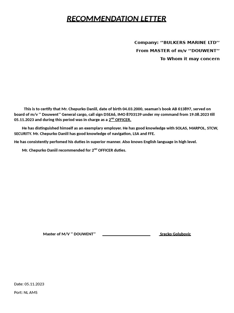 Recommendation Letter: Company: 'BULKERS MARINE LTD'' From MASTER of M ...