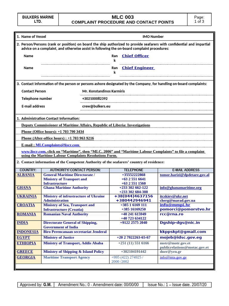 MLC 003 Complaint Contacts Points - Rev. | PDF | Complaint | Sailor