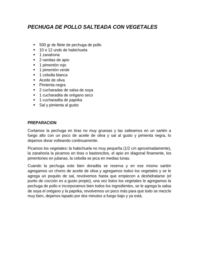 Pechuga de Pollo Salteada Con Vegetales | PDF