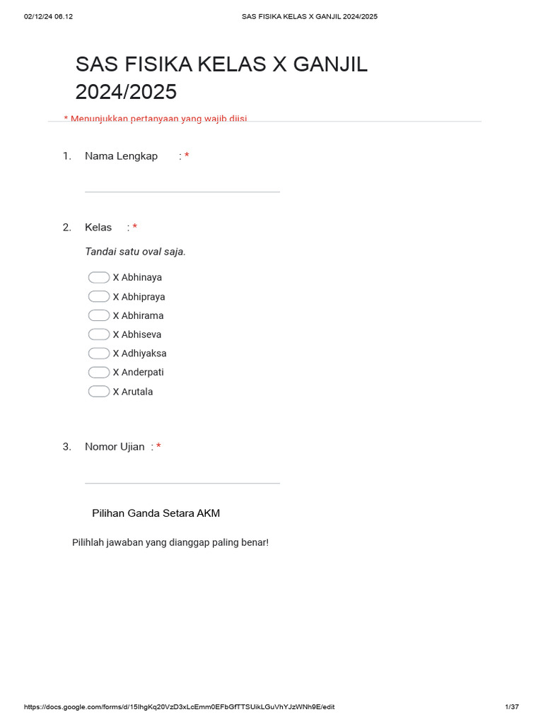 Kisi - Kisi Sas Ganjil Kelas X 2024 | PDF