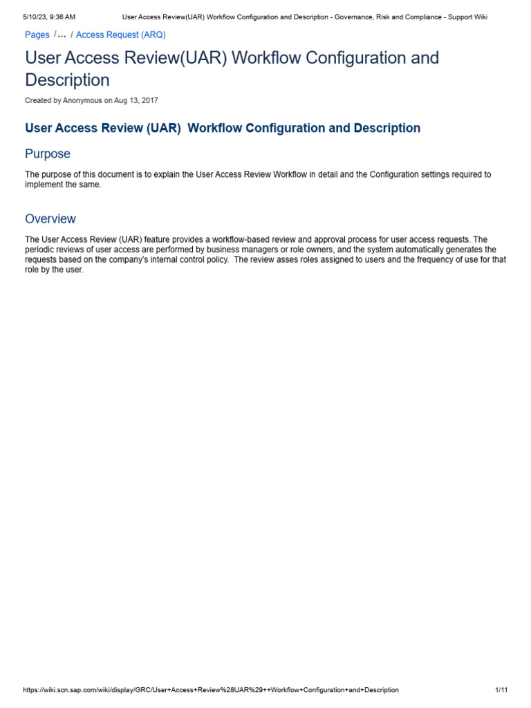 User Access Review(UAR) Workflow Configuration and Description | PDF | Wiki | Databases