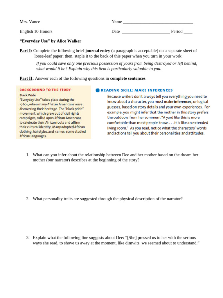 Everyday Use - Study Guide | PDF