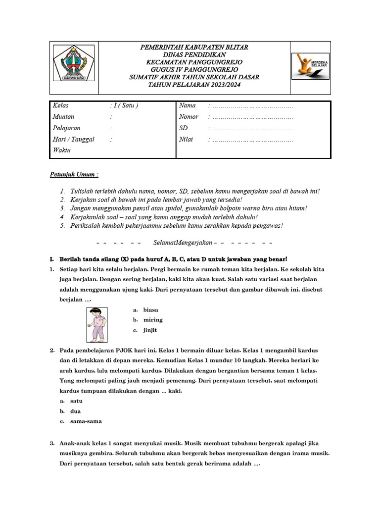 Naskah Soal - Kelas 1 - Pjok - Sas | PDF