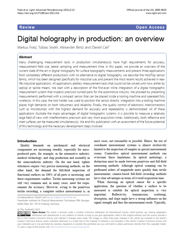 Digital Holography in Production: An Overview | PDF | Holography | Interferometry