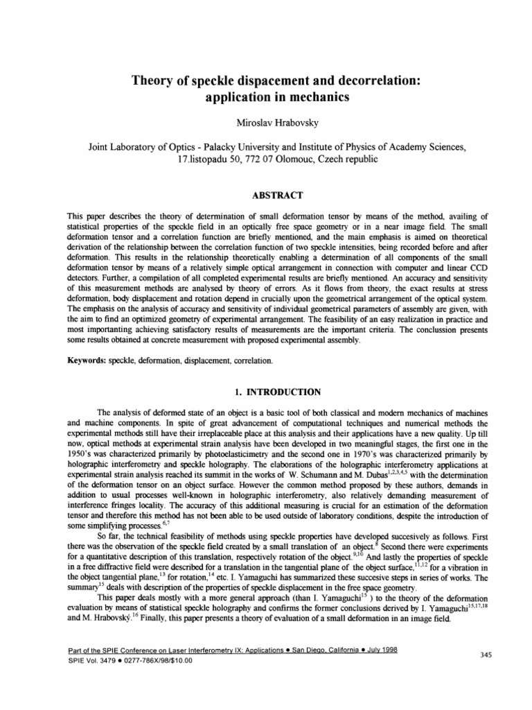 Theory of speckle displacement and decorrelation_ application in mechanics | PDF | Optics ...