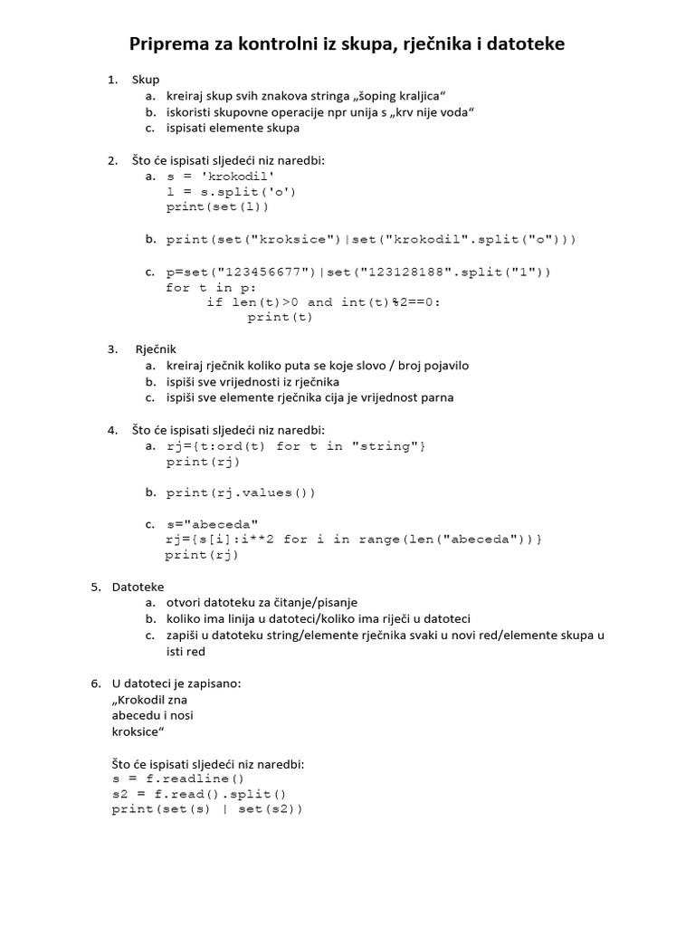 Priprema Za Kontrolni Iz Skupa, Rječnika I Datoteke | PDF