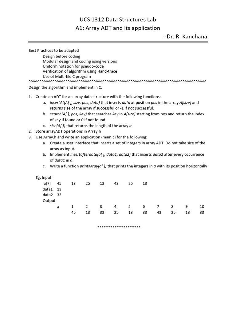 Array ADT Implementation in C Lab | PDF