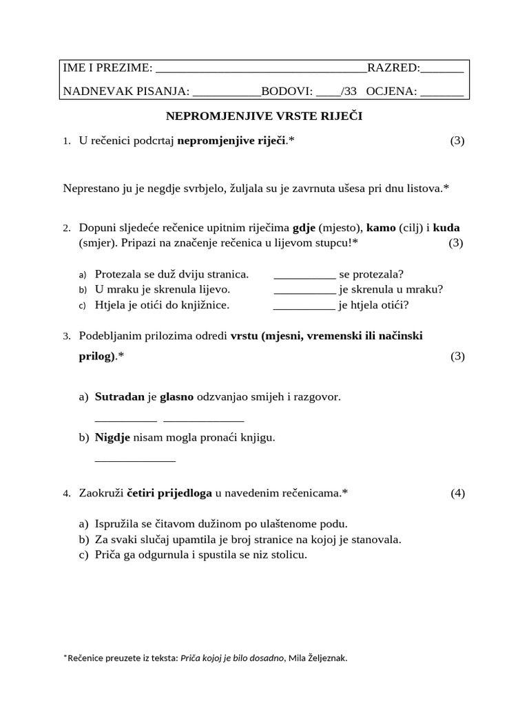 Test Nepromjenjive Vrste Riječi Za Učenike S Teškoćama 2 | PDF