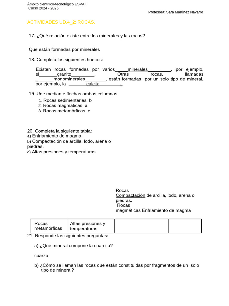 ACTIVIDADES UD4_2_ROCAS (1) | PDF | Roca (geología) | Minerales