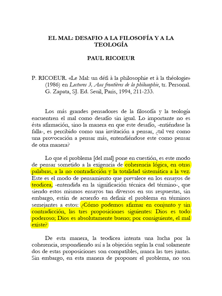 Ricoeur, Paul - El Mal - Desafio A La Filosofia Y A La Teologia | PDF ...