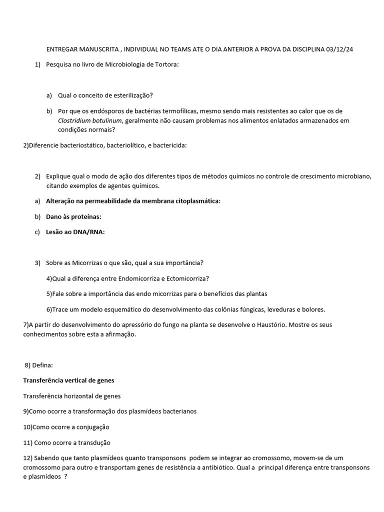 Atividade AGRO de Microbiologia Nota 2 2024 | PDF | Vírus | Bactérias