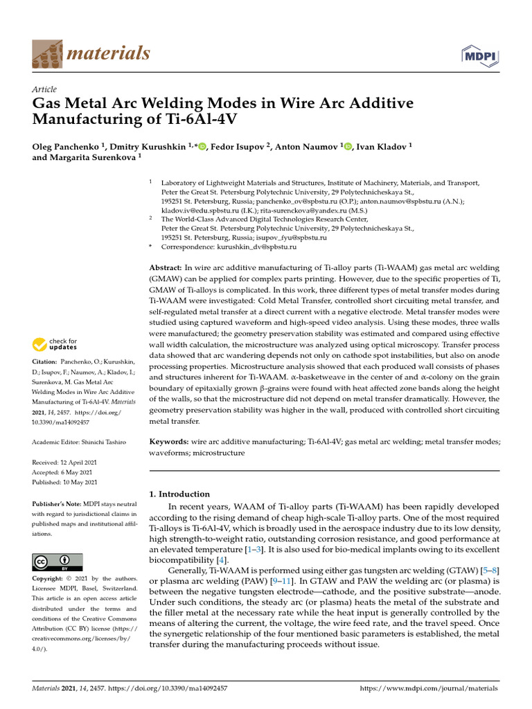 Gas Metal Arc Welding Modes in Wire Arc Additive Manufacturing of Ti-6Al-4V | PDF | Welding ...