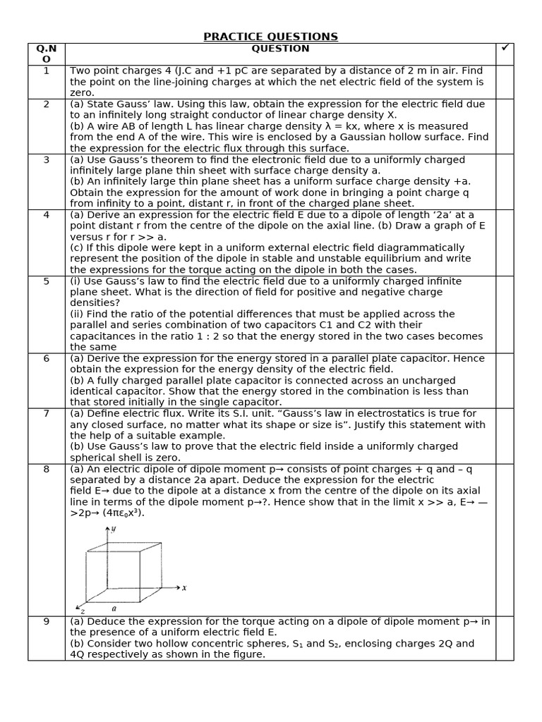 Electric Field and Gauss's Law Practice Questions | PDF | Transformer ...