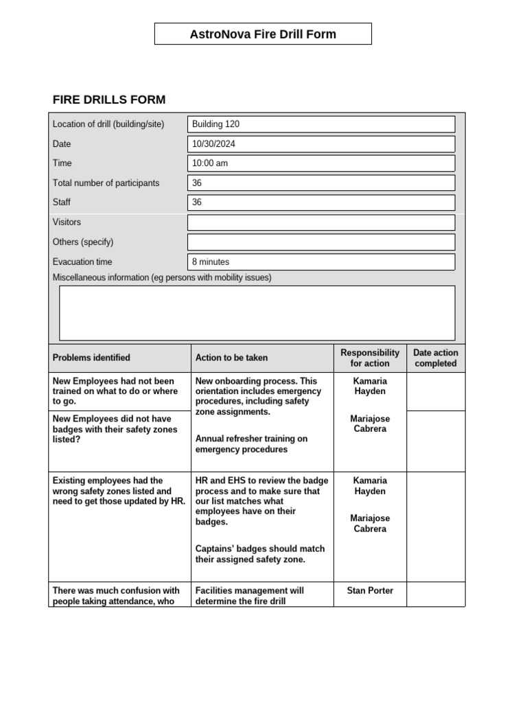 Fire Drill Form Template | PDF