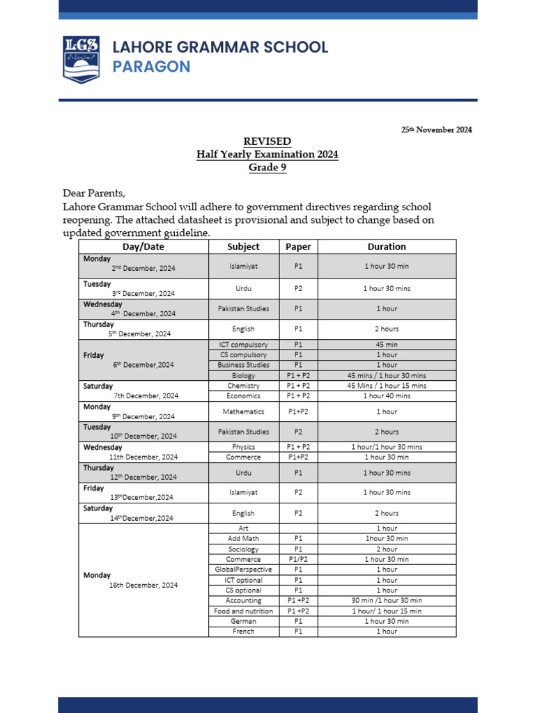 Grade 9 Half Yearly Exams Datesheet 2024-25 Nov | PDF