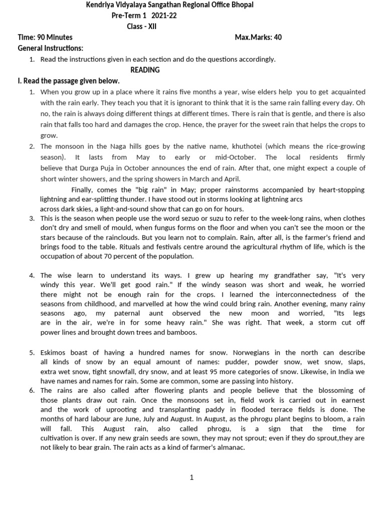 QP KV BHOPAL SET A (1) | PDF | Cotton | Rain