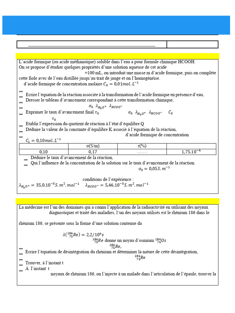 Contrôle Physique-Chimie 2 Bac PC 2024 | PDF | Radioactivité | Noyau ...