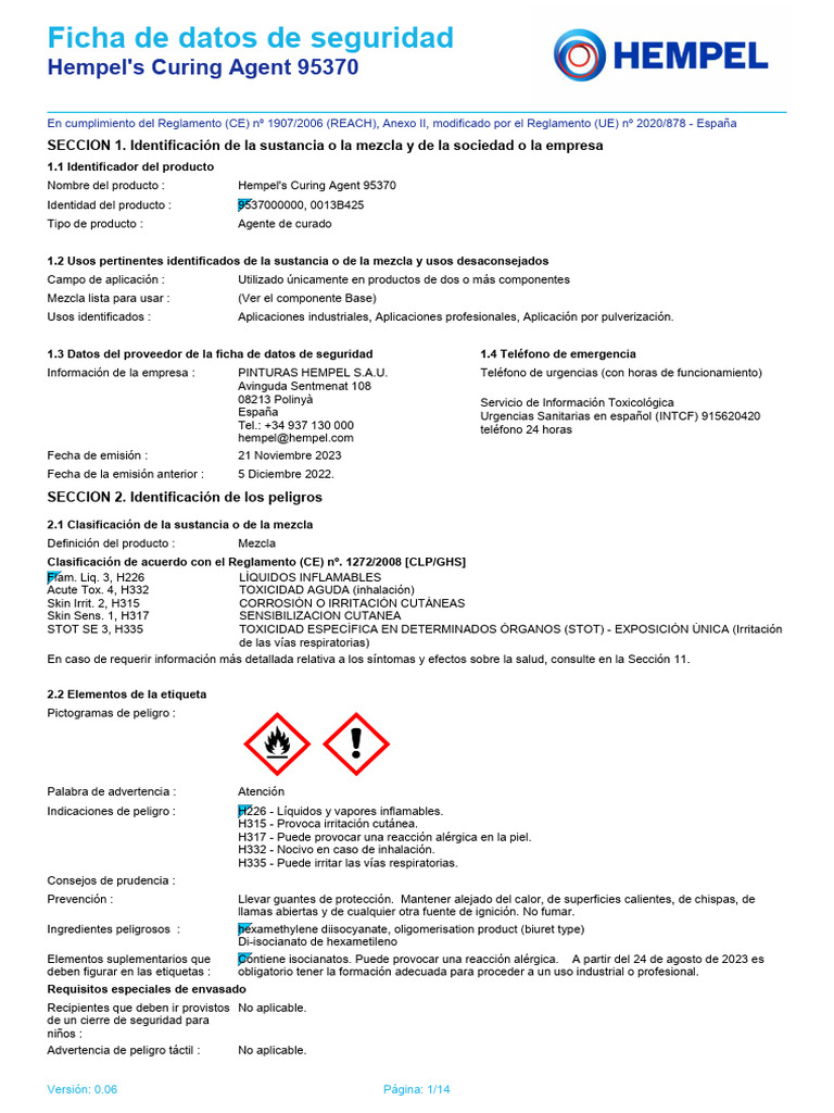 Hempel's Curing Agent 95370 | PDF | Seguridad y salud ocupacional ...