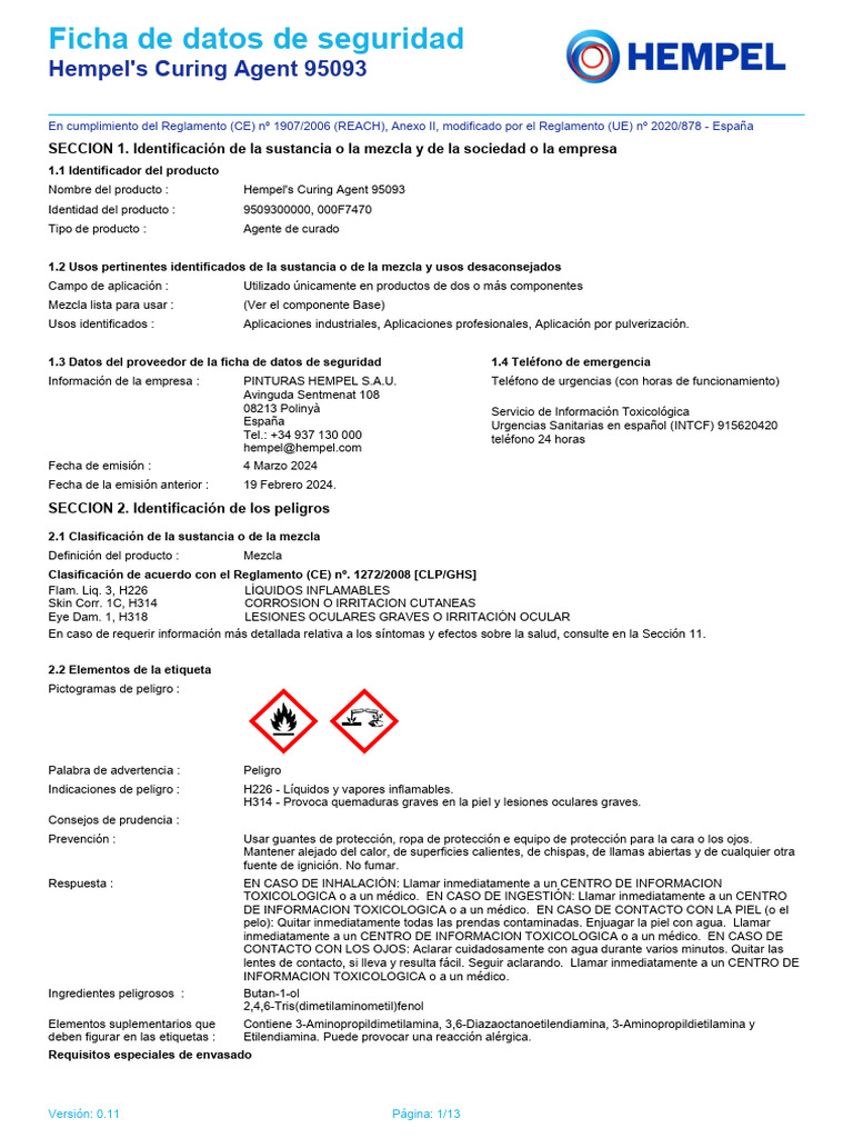 Hempel's Curing Agent 95093 | PDF | Quemar | Toxicología