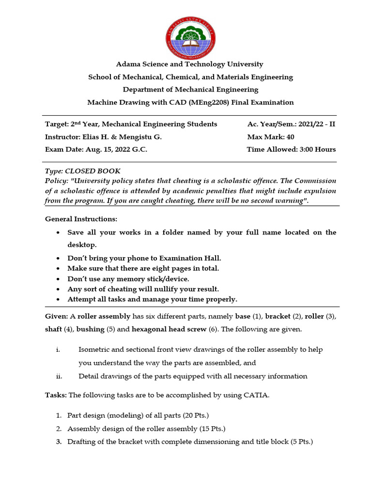 Machine Drawing with CAD Final Exam | PDF | Engineering | Physical Sciences