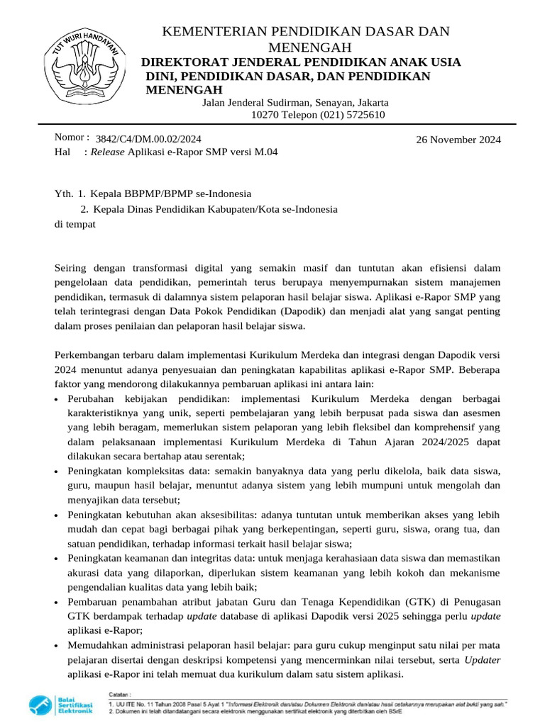 Surat_Rilis_e_Rapor_SMP_2024-11-26 | PDF