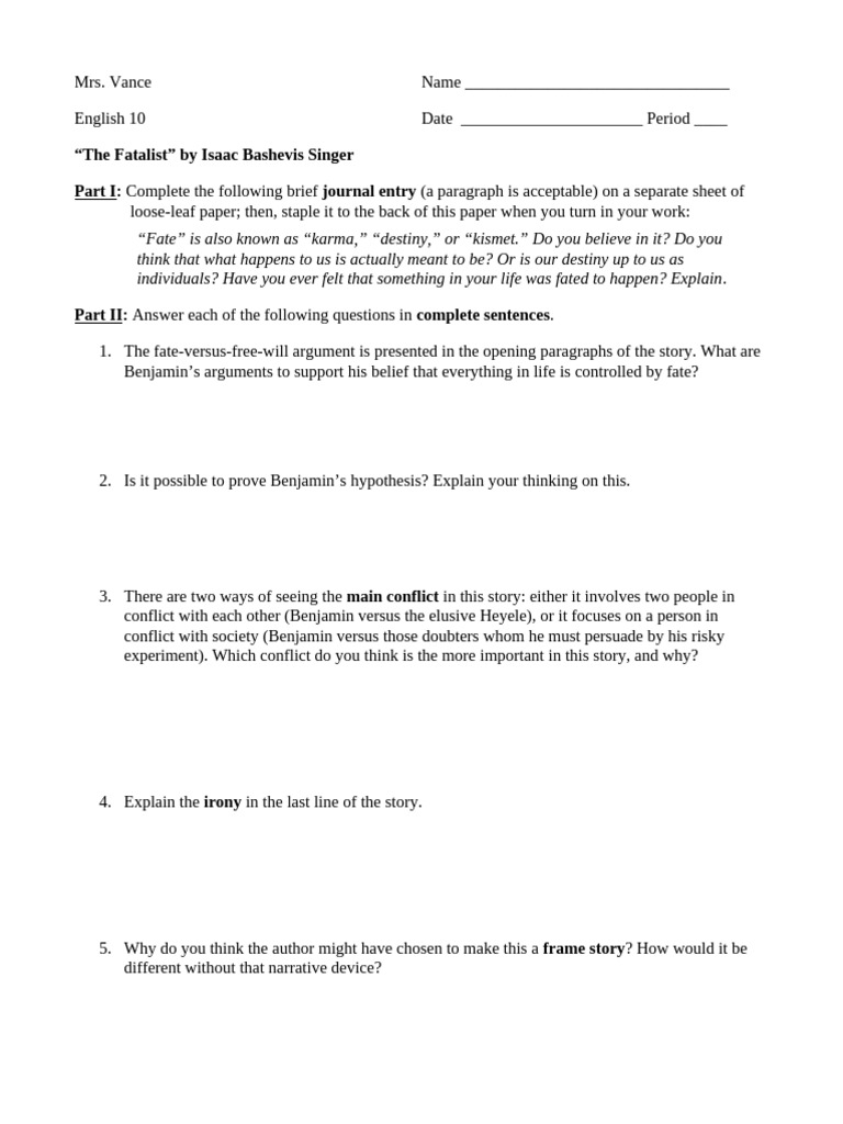 The Fatalist - Study Guide | PDF