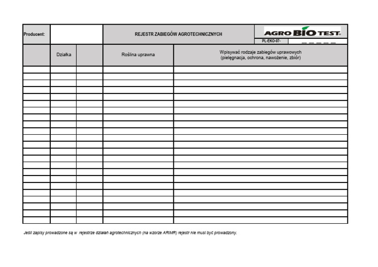 Rejestr Zabiegow Agrotechnicznych | PDF