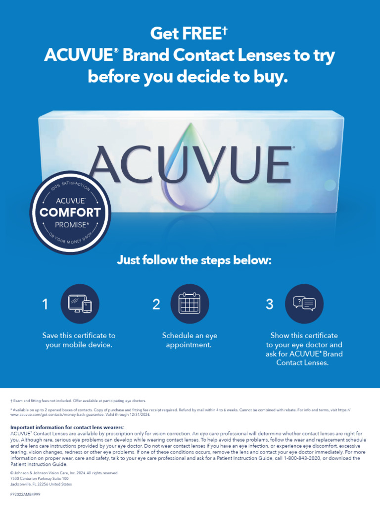 Acuvue Free Trial Certificate Us 1 | PDF | Contact Lens | Visual System
