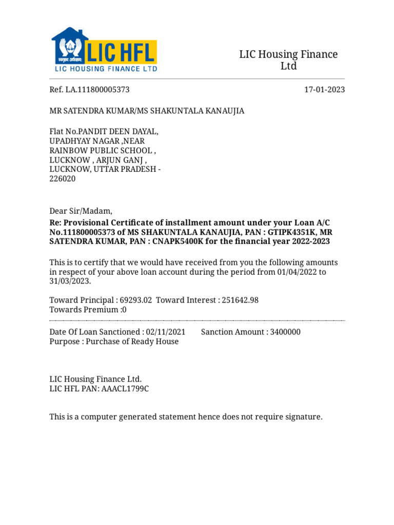 Repay Certificate - LIC HFL - Customer Portal | PDF