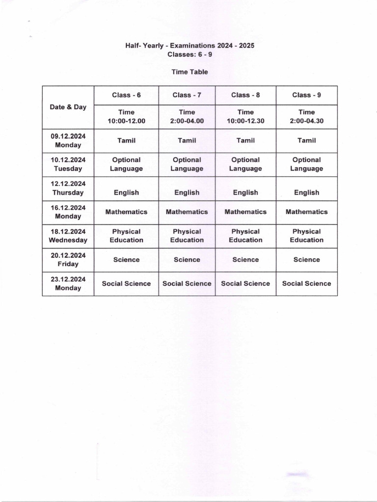 Half Yearly Exam 2024 Time Table PDF Download | PDF