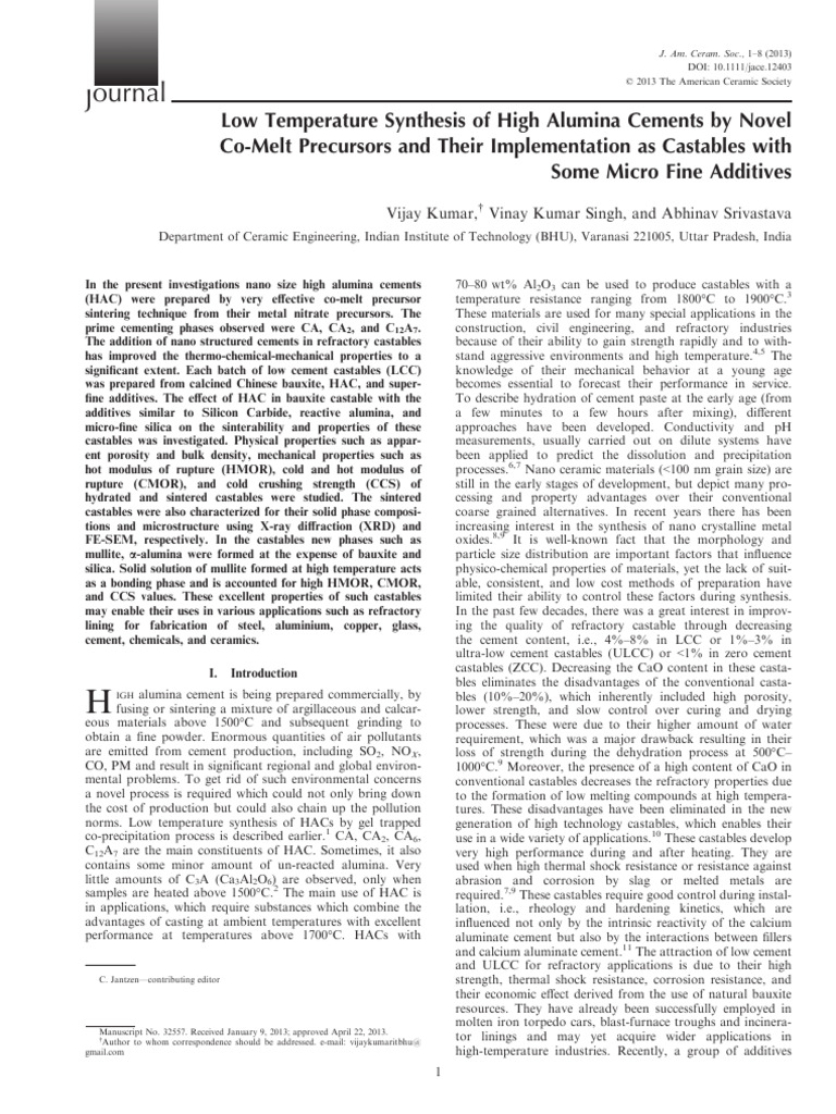 Low Temp High Alumina Cement Synthesis | PDF | Refractory | Cement