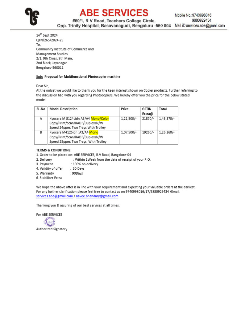 Multifunctional Copier Proposal for ICCMS | PDF