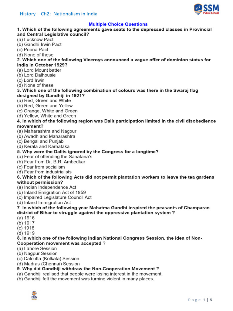 H2 - Nationalism in India MCQs Part 1 | PDF | Mahatma Gandhi | British Raj