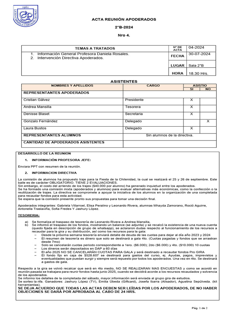 Acta de Reunion Apoderados - 4ta 2024 | PDF