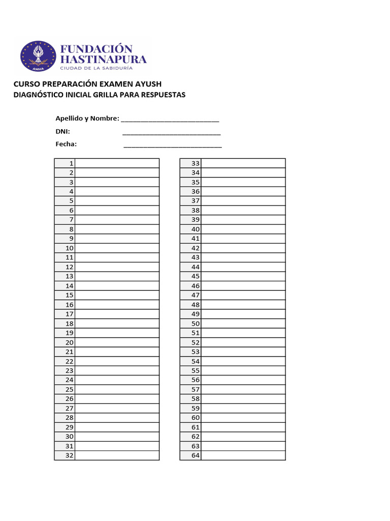 Grilla de Respuestas para Examen AYUSH | PDF