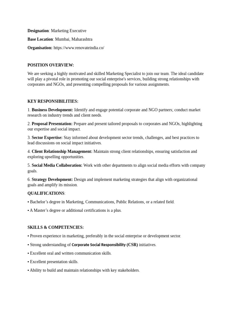 Marketing - Job Description | PDF