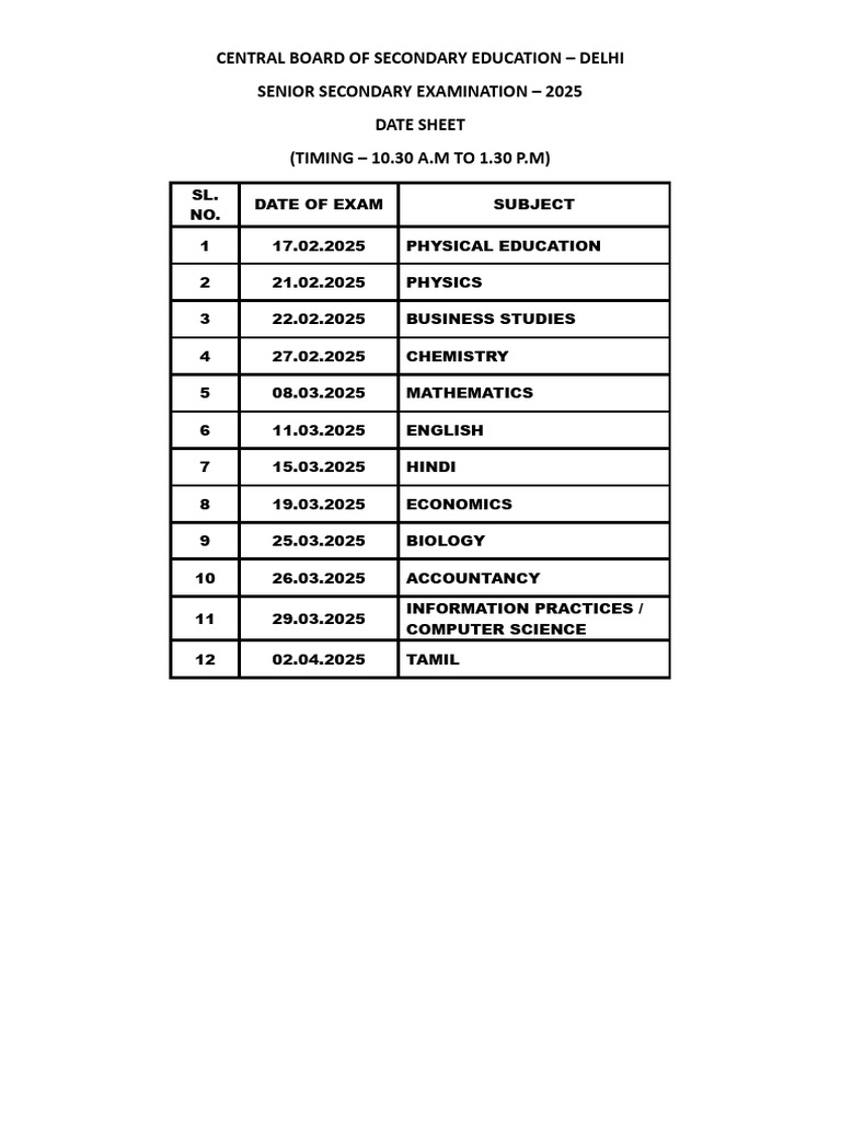 Cbse Date Sheet-1 | PDF